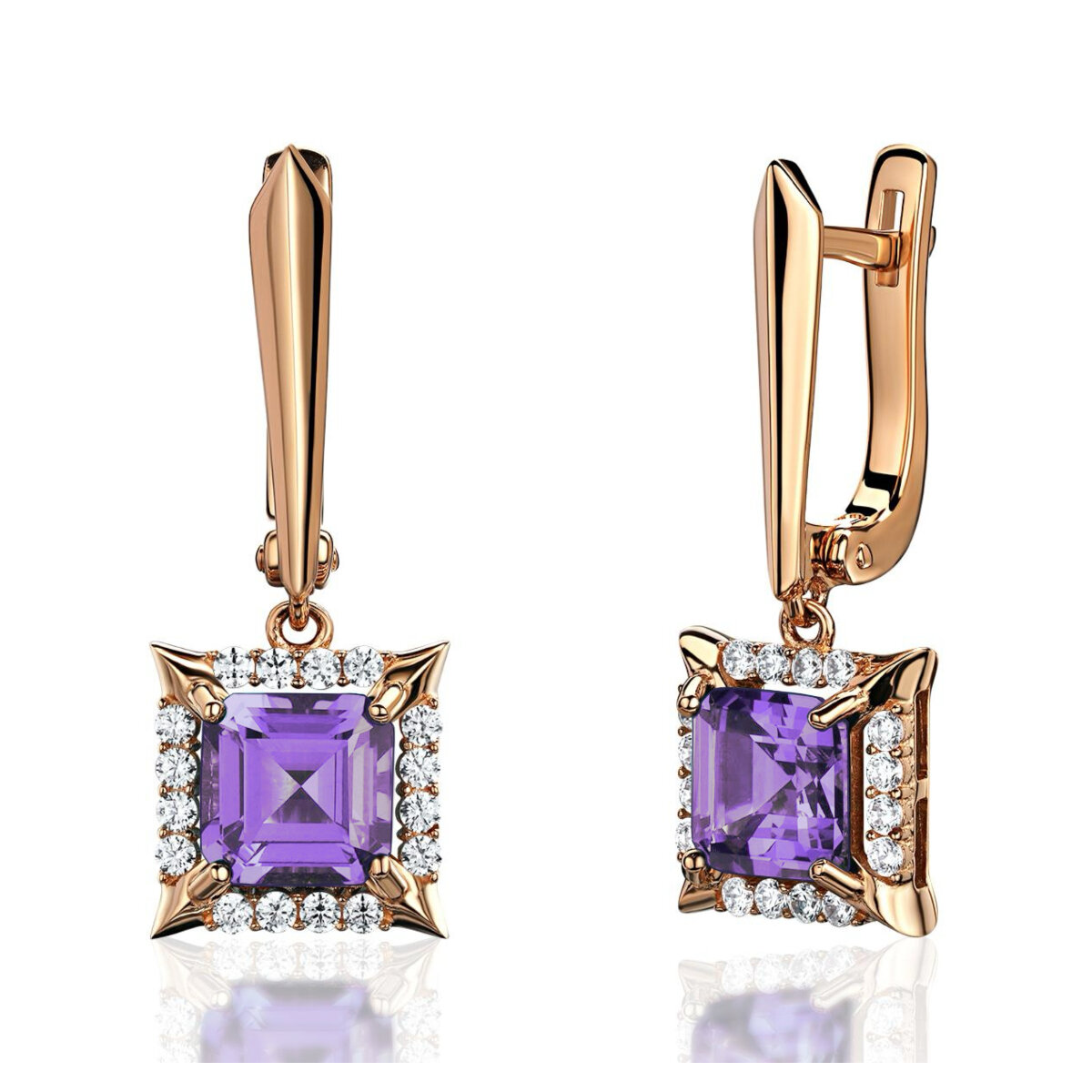 Серьги, красное золото, 585 проба, фианит, аметист