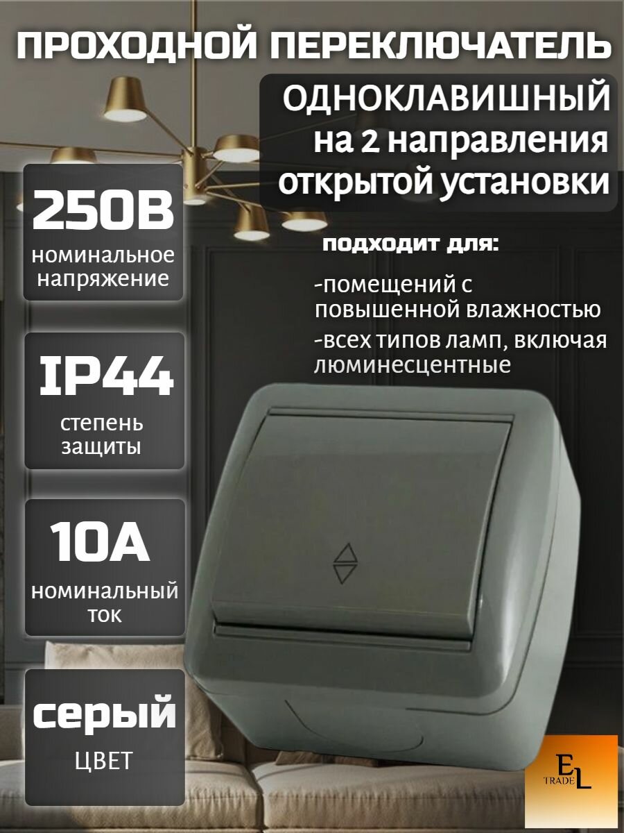 Выключатель проходной переключатель одноклавишный на 2 направления открытой установки, IP44, 10А, серый, Селигер