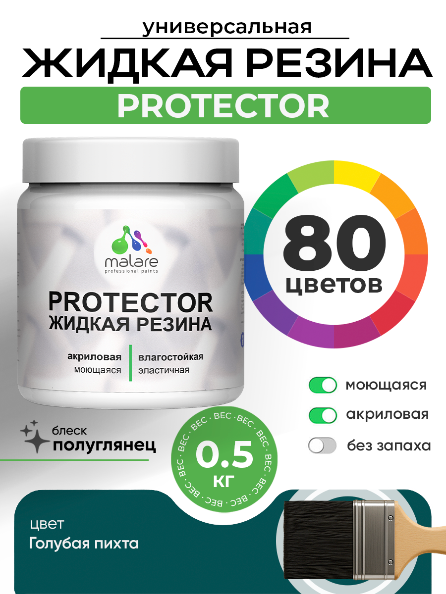 Жидкая резина Malare PROTECTOR, эластичная резиновая краска для внутренних и наружных работ, универсальная для дерева, бетона, металла, быстросохнущая, влагостойкая, полуглянцевая, голубая пихта, 0.5 кг.