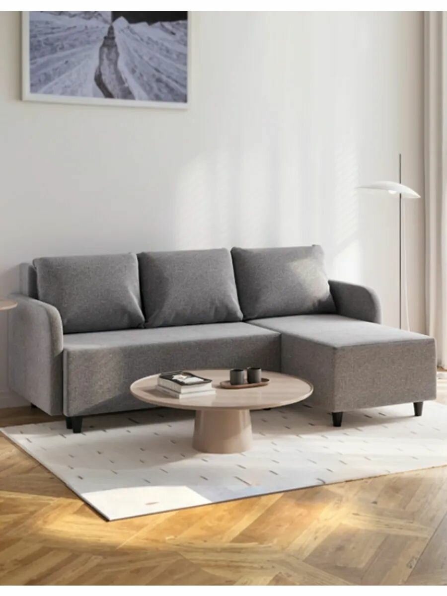 Диван кровать угловой Грейс раскладной, плоские пружины змейка, еврокнижка, со съемными подушками, с ящиком для хранения, 136х201 см спальное место, Серый, рогожка