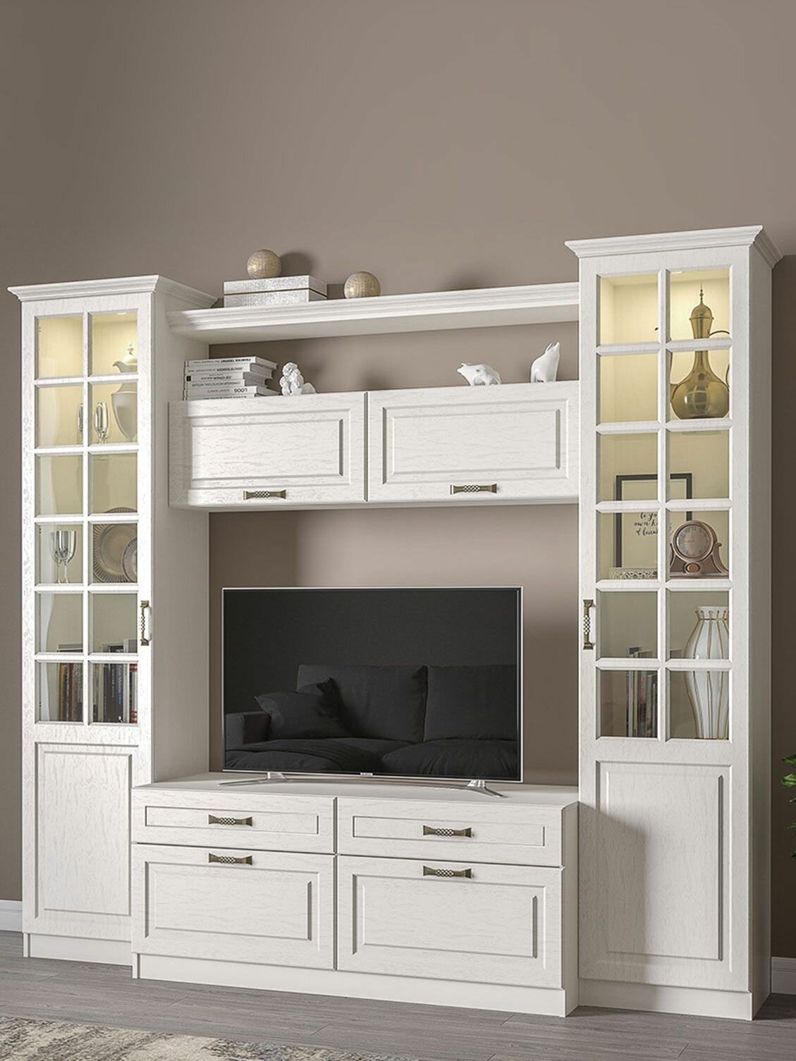 Гостиная комплект Ливерпуль с подсветкой, тумба, шкаф-витрина, навесной шкаф, полка, 248х49х224 см, Ясень Ваниль / Белый