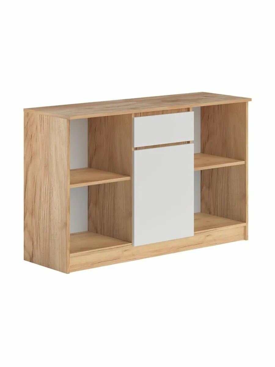 Тумба под телевизор напольная Охта Лайт ТВ с полками, ящиками, 120.4х40.4х76.6 см, Дуб Вотан / Белый