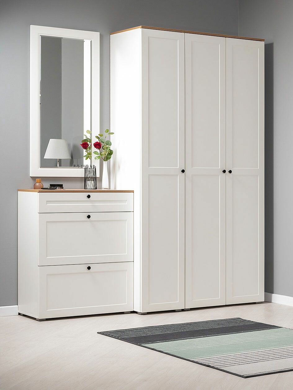 Распашной шкаф-пенал Остин с полками, со штангой, 40х54.3х230 см, Белый шагрень / Дуб крафт золотой