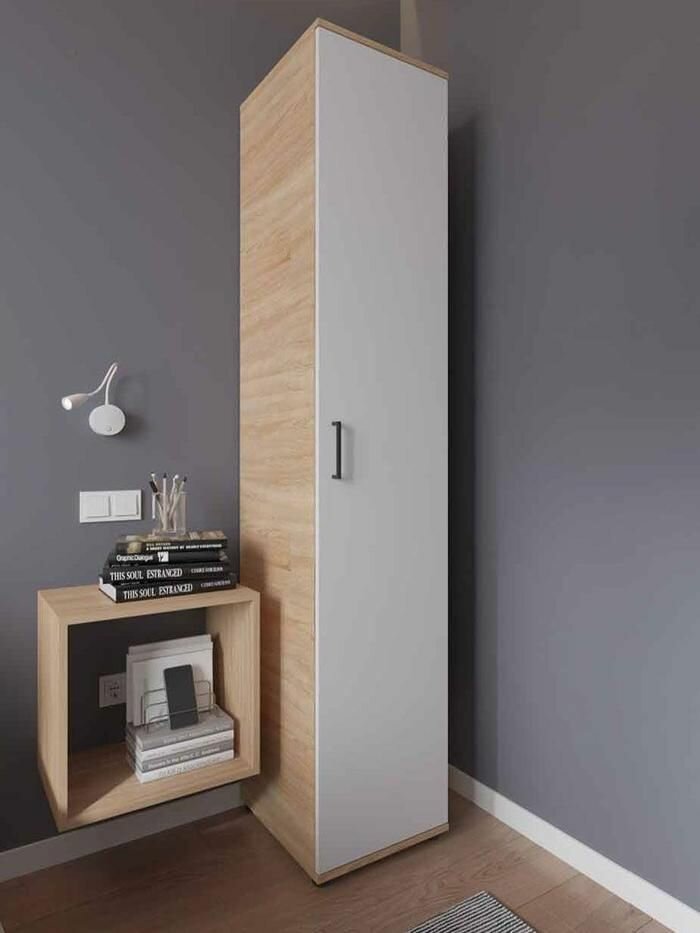 Распашной шкаф-пенал для одежды и хранения вещей Ривер, с полками, со штангой, 40.1х49х209 см, Дуб Сонома / Белый