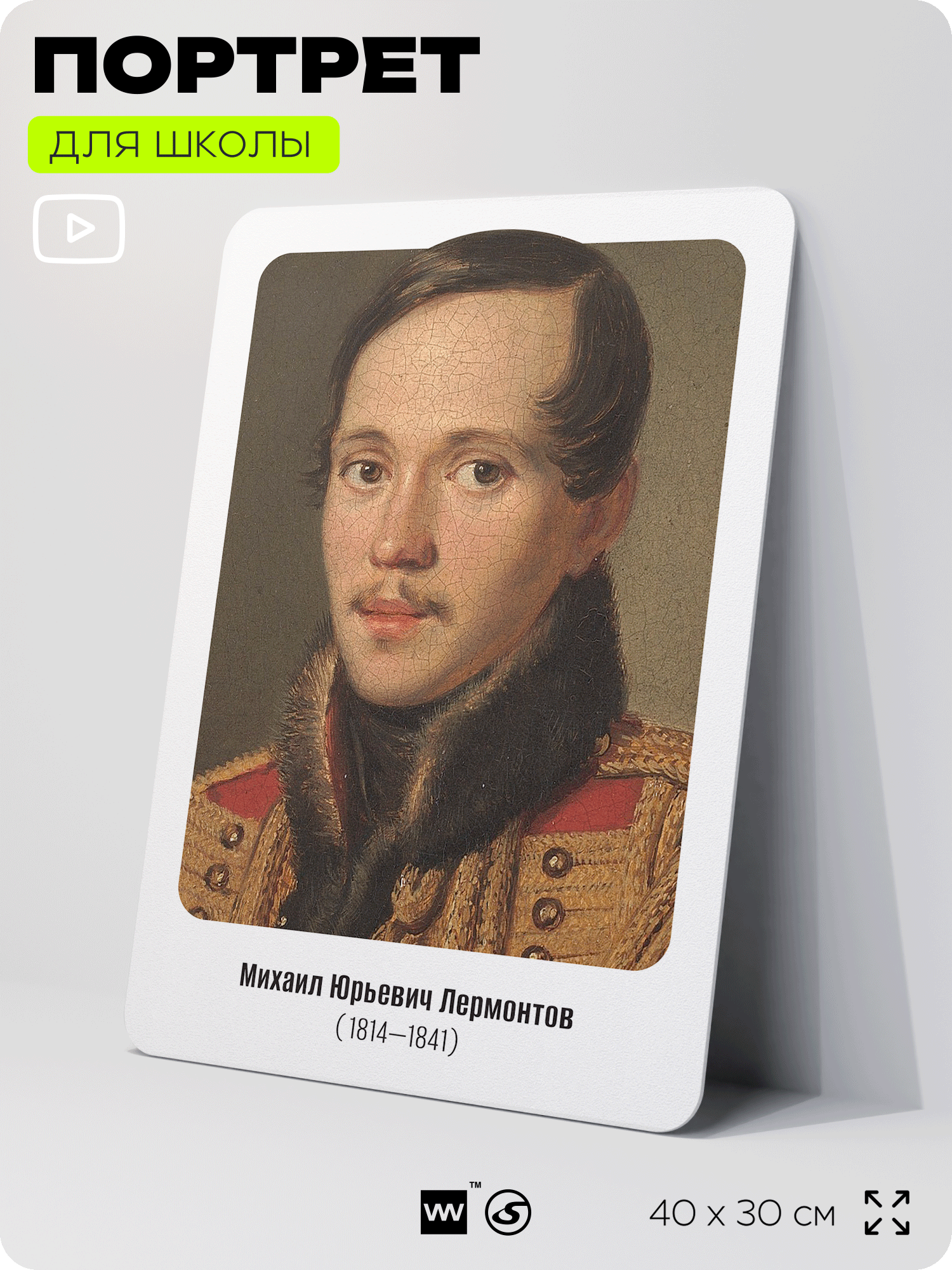 Портрет для школы в кабинет литературы и русского языка "Лермонтов Михаил Юрьевич", стенд школьный для класса, для оформления классного уголка, 40х30 см, Silver Plane x Айдентика Технолоджи
