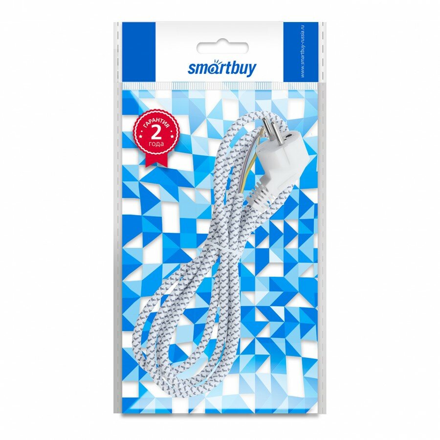 SmartBuy Сетевой шнур в тканевой оплетке для утюга, земля, белый 1,8 метра 10А/2,2кВт SBE-10-P08-w