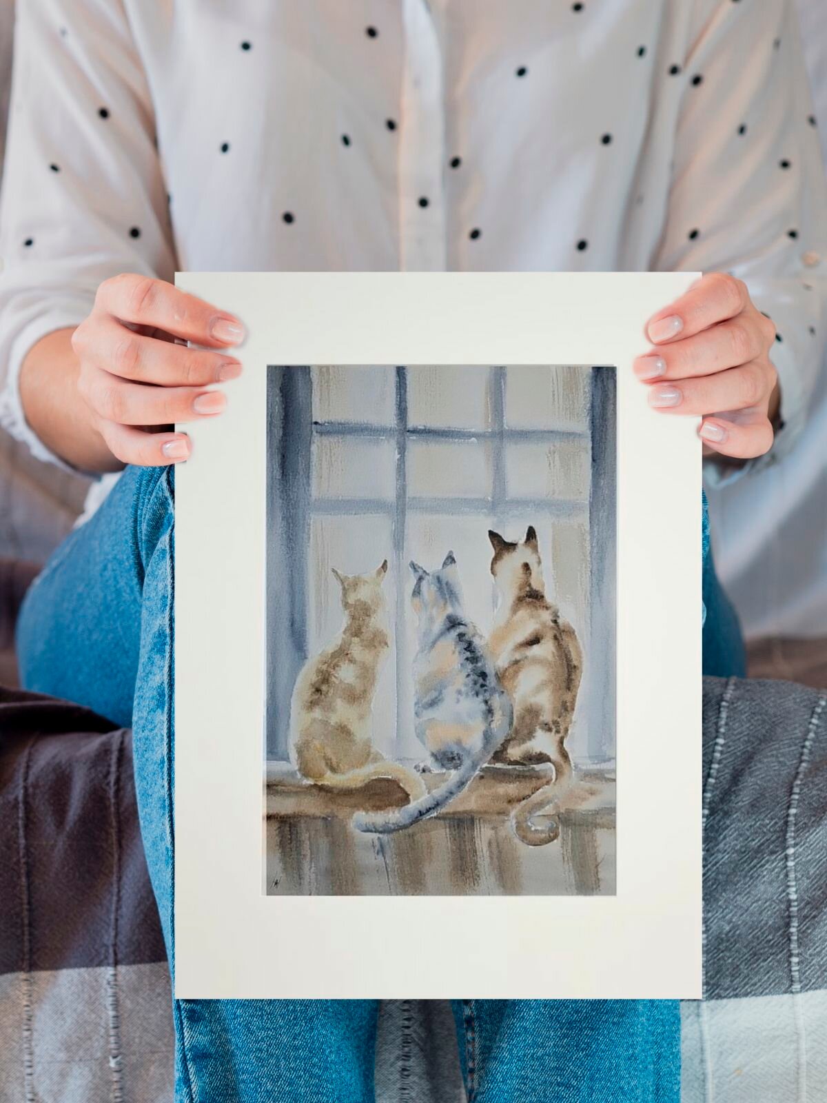Картина авторская акварельная в паспарту 30х40 см на стену для интерьера "Кошки на окошке"