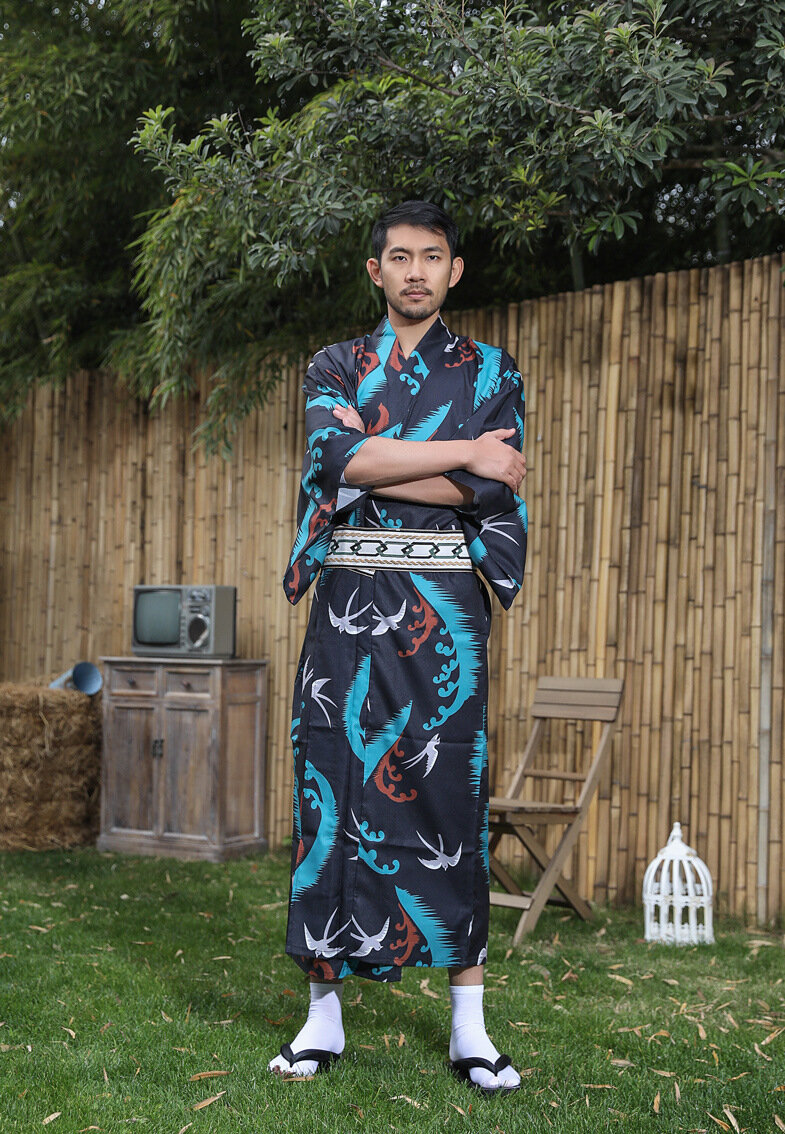 Кимоно, мужское, японское, с поясом, полиэстер, цвет хайянский