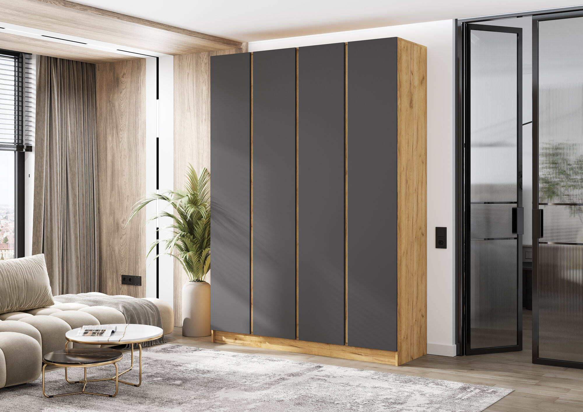 Шкаф для одежды Миф Келвин 4-х ств. Графит/дуб крафт вставка дуб крафт 1600х2236х506мм