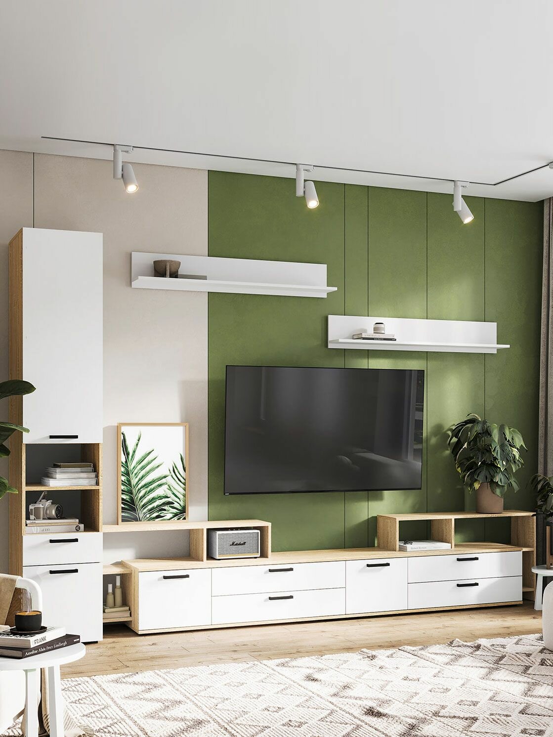 Гостиная комплект Санса, стеллаж, ТВ-тумба, 320x50x210 см, Дуб Сонома / Белый