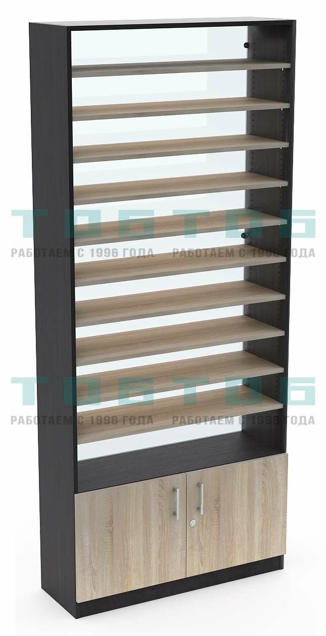 Стеллаж из ДСП с 10-ю полками 300x900 мм серии LEVEL-10 №12-1 (З/C - стекло), Дуб Золотистый