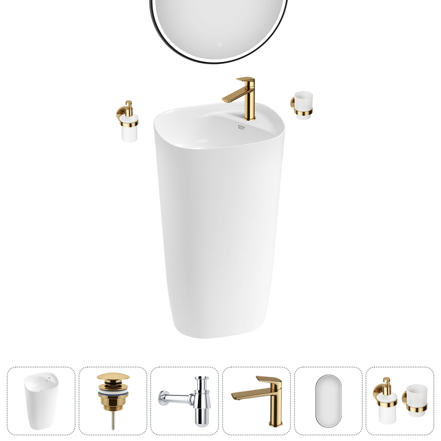 Прямоугольная напольная раковина для ванной Lavinia Boho Bathroom Sink 20219407R в наборе 6 в 1: отдельностоящая раковина моноблок в цвете белый глянец, донный клапан, сифон, смеситель, зеркало, аксессуары