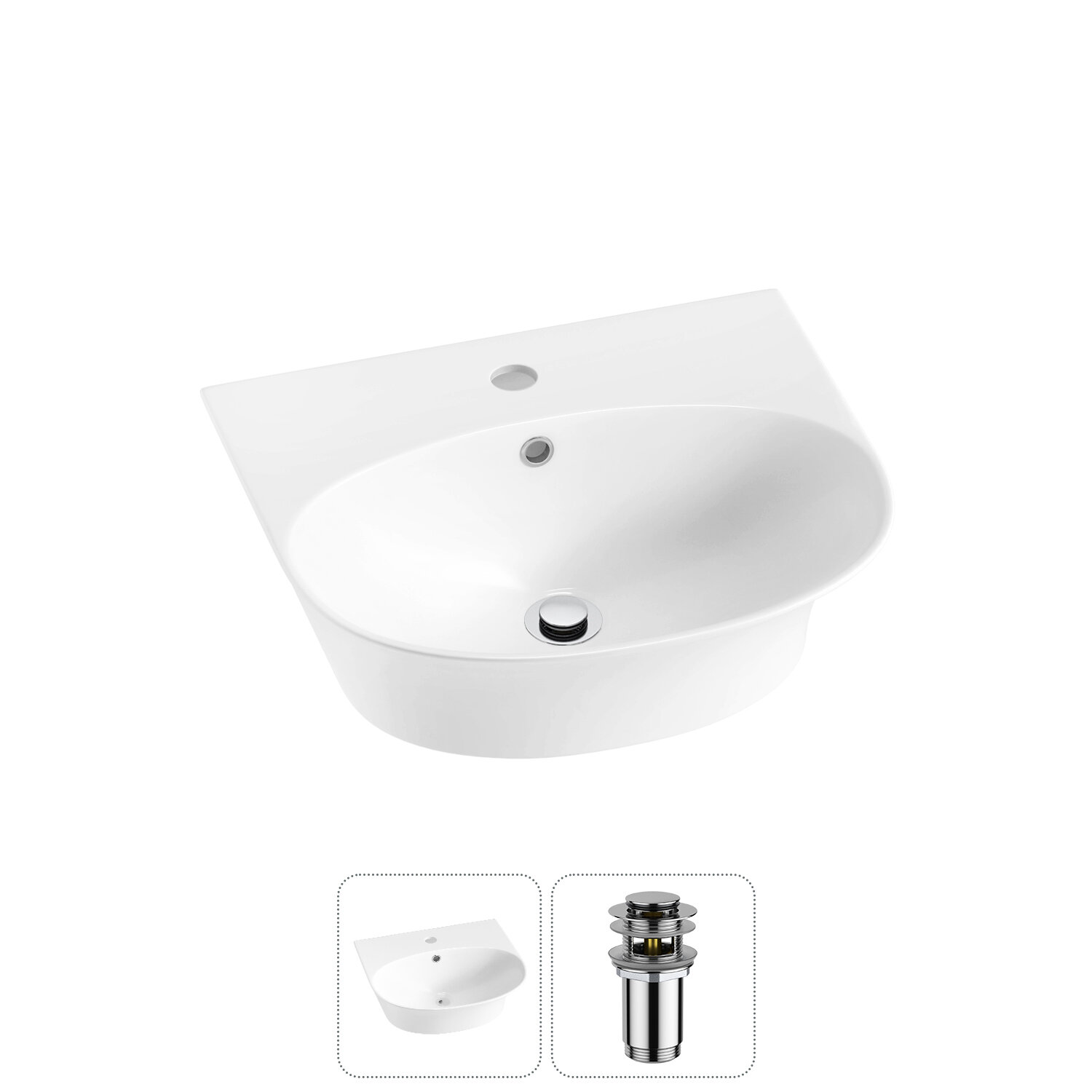 Подвесная или накладная раковина в ванную комнату Lavinia Boho Bathroom Sink 20216665R в наборе 2 в 1: раковина 46 см в цвете белый глянец, донный клапан