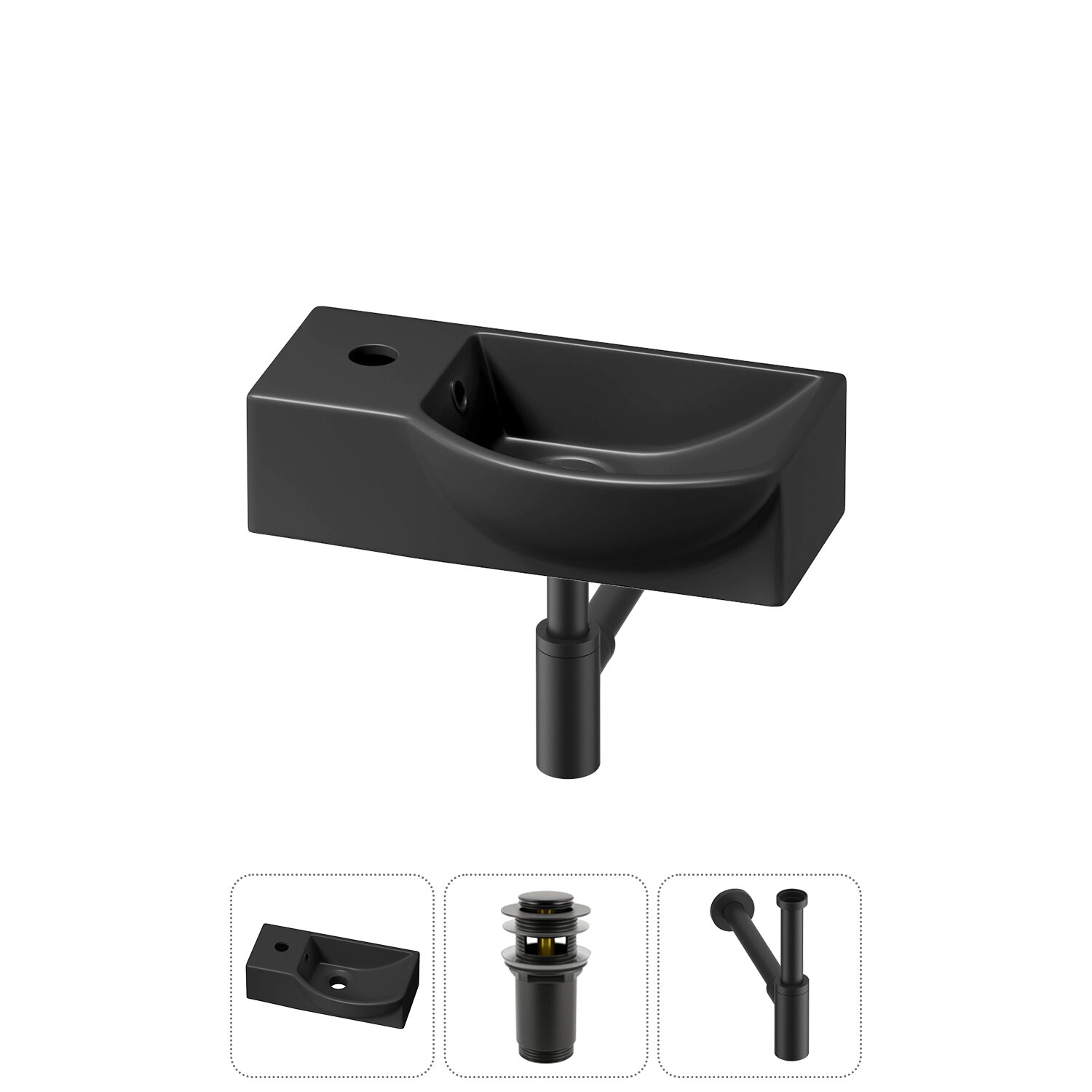 Подвесная или накладная раковина в ванную комнату Lavinia Boho Bathroom Sink 20216041R в наборе 3 в 1: раковина 40 см в цвете матовый черный, донный клапан, сифон