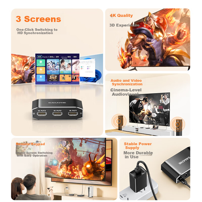 SAMZHE HDMI2.0 Switcher 3 in 1 out 4K60Hz HD Video Distributor Splitter Laptop Monitor to TV Projector Splitter QH31