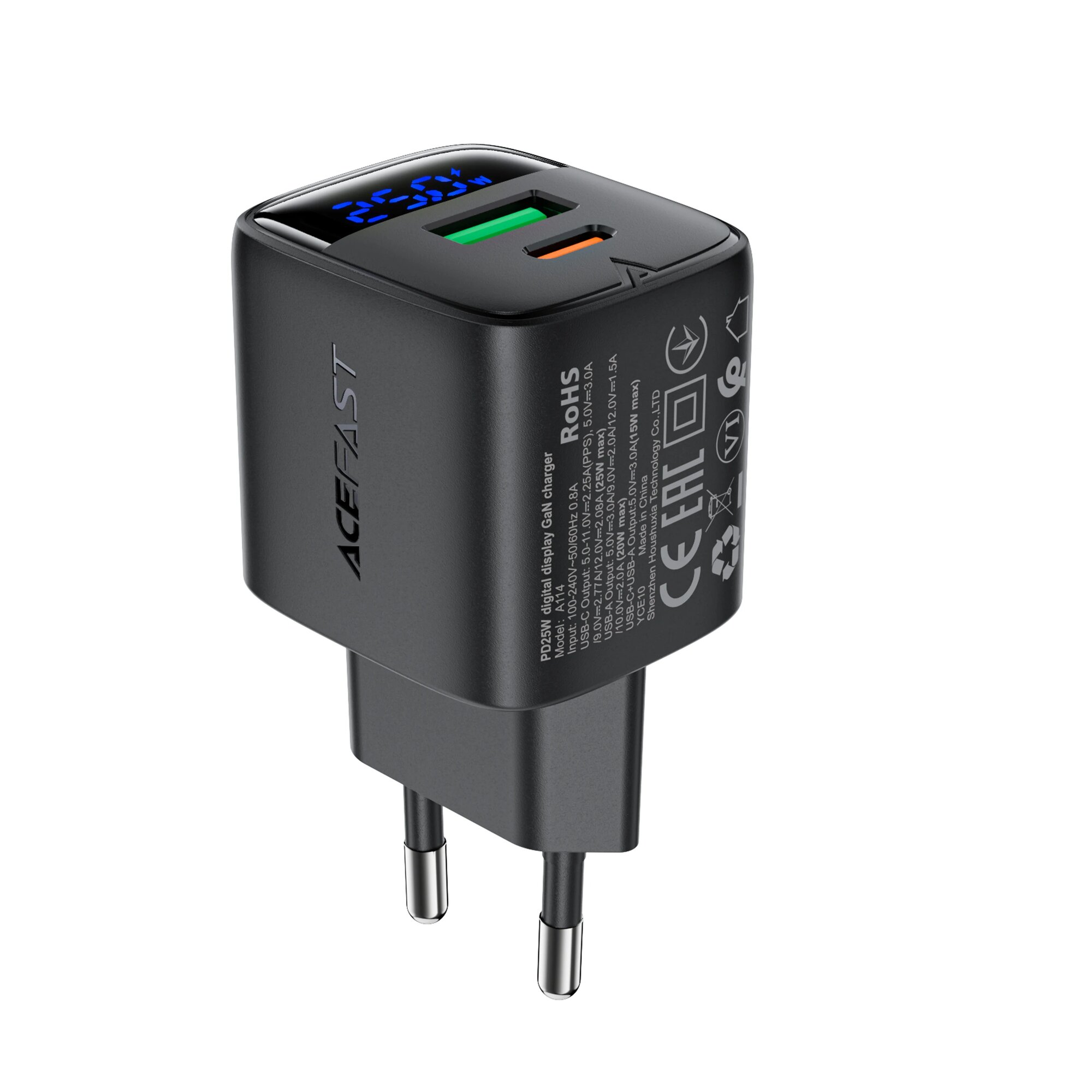 ACEFAST EU GaN PD25W Быстрое зарядное устройство для телефона для iPhone 16 15 14 Pro Max USBA Порт USB C со светодиодным цифровым дисплеем Настенный дорожный адаптер
