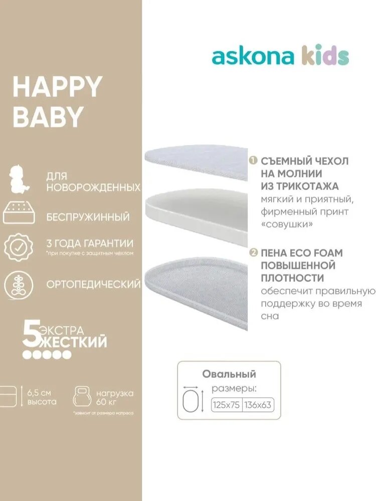 Матрас детский ортопедический Askona KIDS (Аскона) Happy Baby Овал 75х125