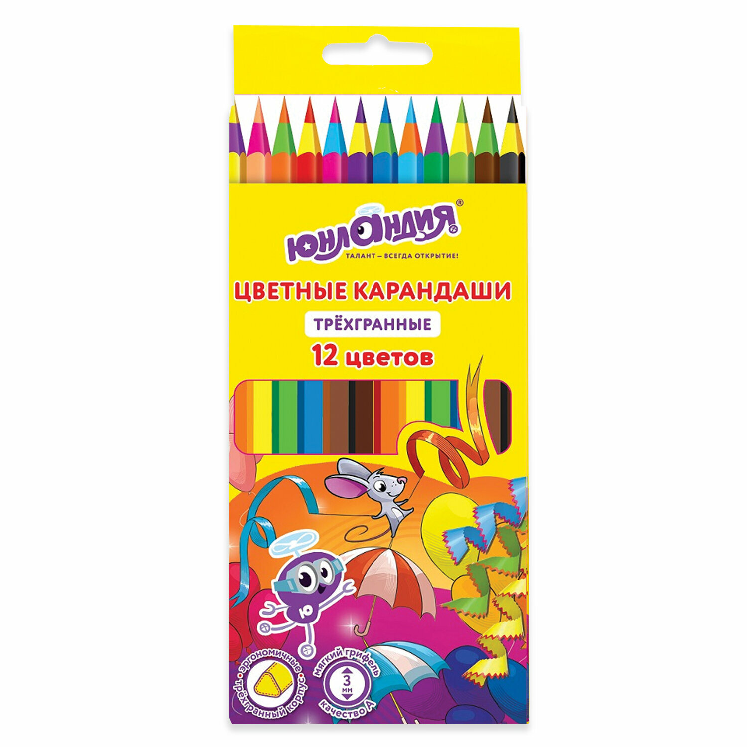Карандаши цветные юнландия "карнавал", 12 цветов, трехгранные, грифель 3 мм, 181684 (цена только за 1 шт.)