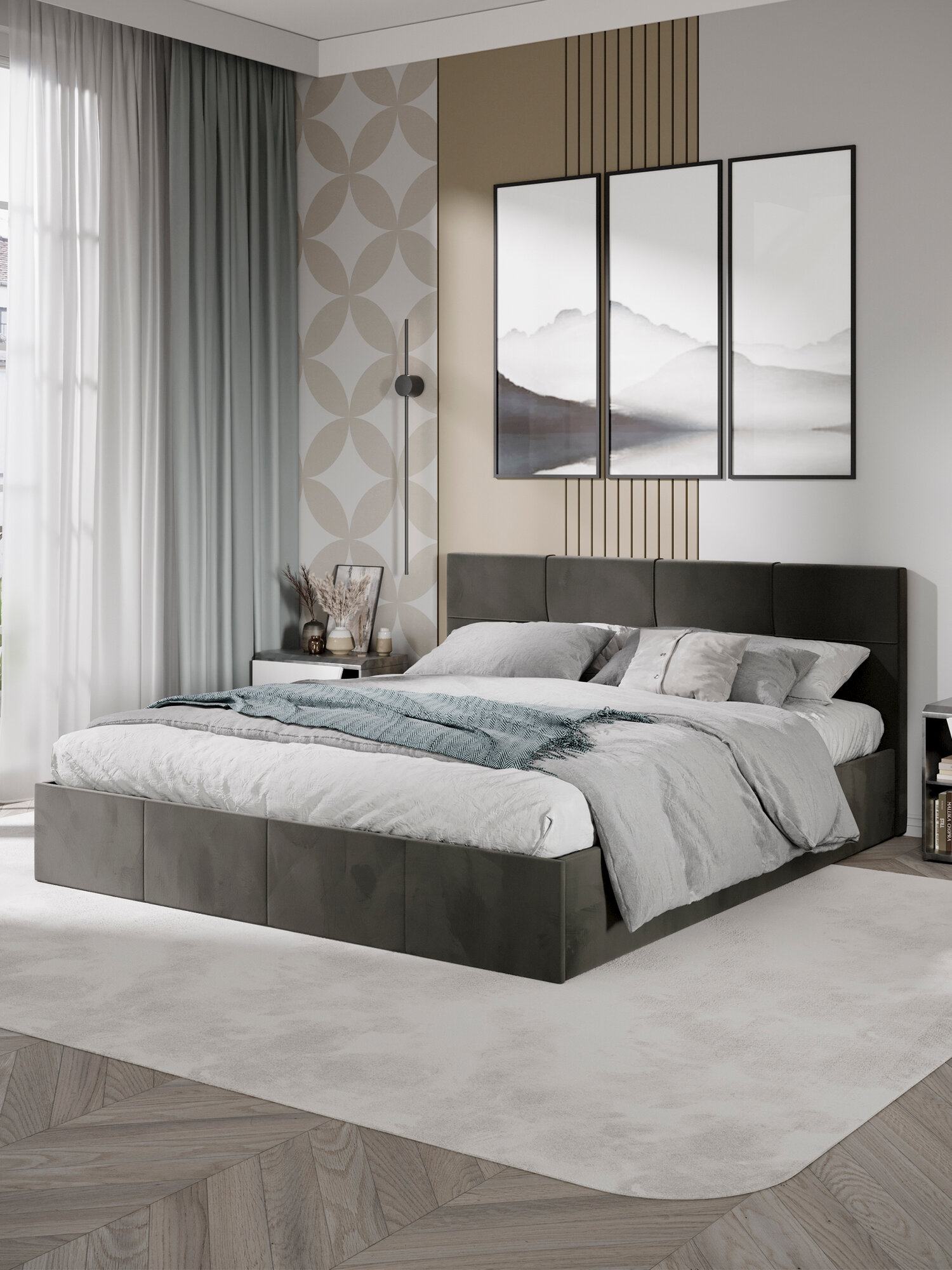 Лора Кровать с мягкой обивкой и заглушиной (1800) с ПМ Велюр Confetti Stone