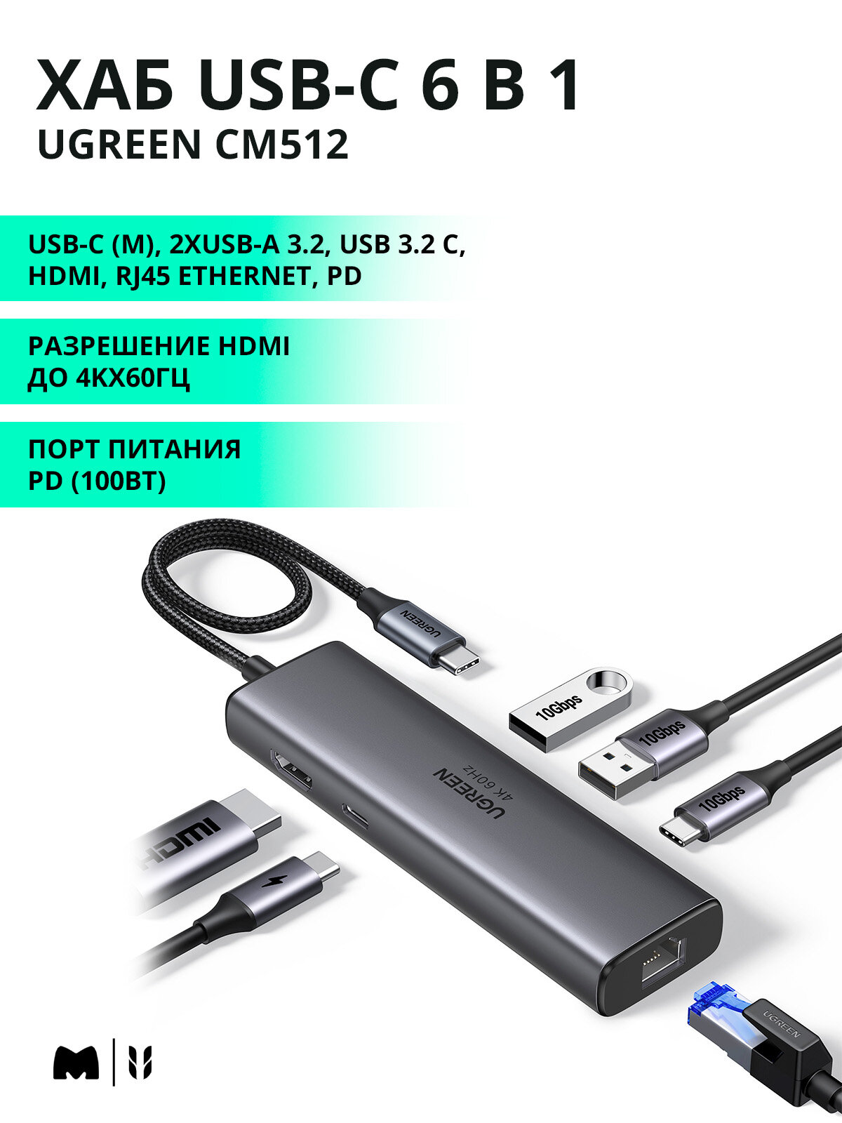 USB концентратор (хаб) UGREEN CM512 USB-C - HDMI+2*USB 3.2 A+1*USB 3.2 C+RJ45+PD, 4Kх60Гц, цвет серый (45000)