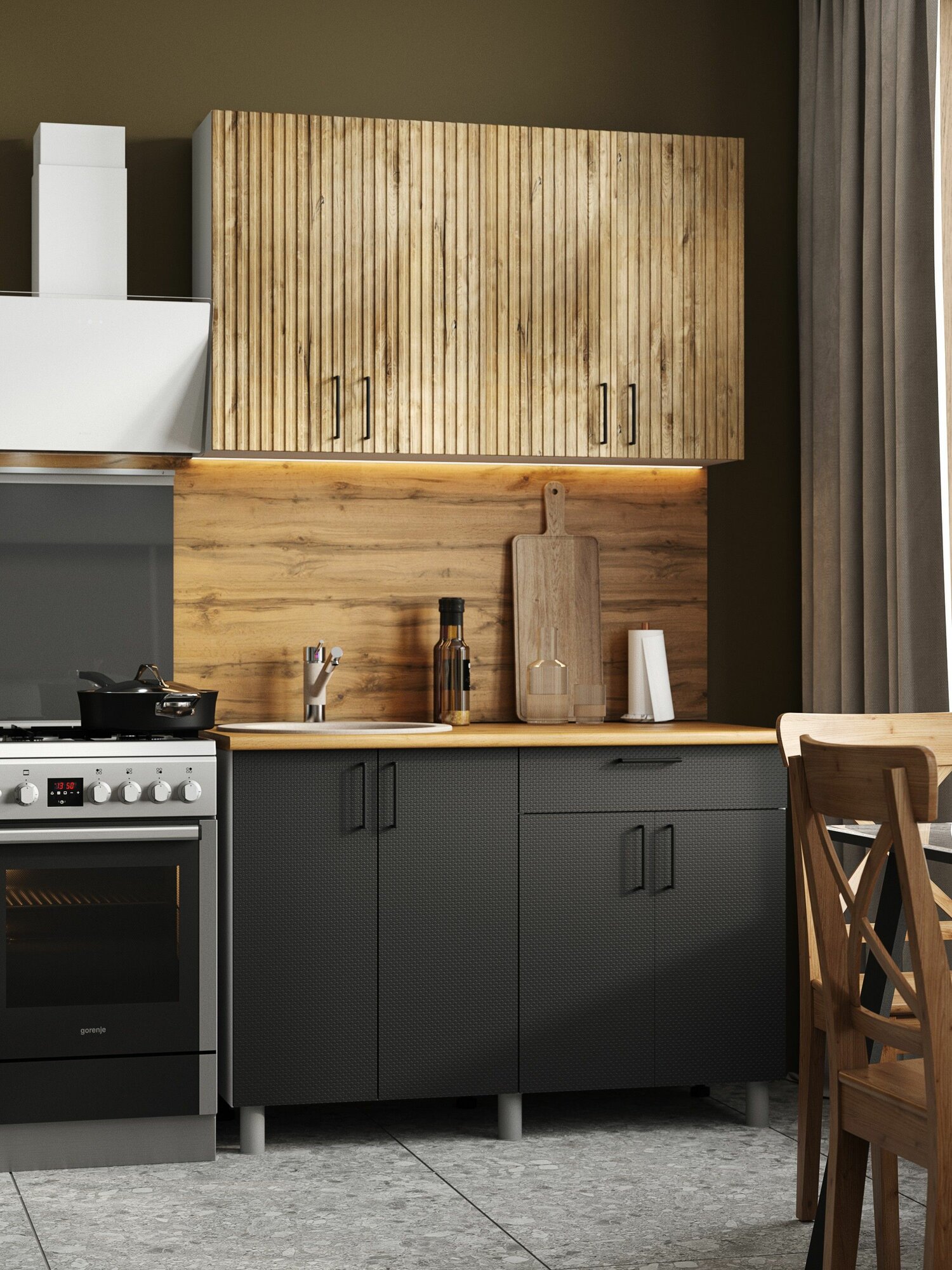 Кухонный гарнитур Кантри МДФ 1,2м дуб канадский/карбон вулкан со столешницей