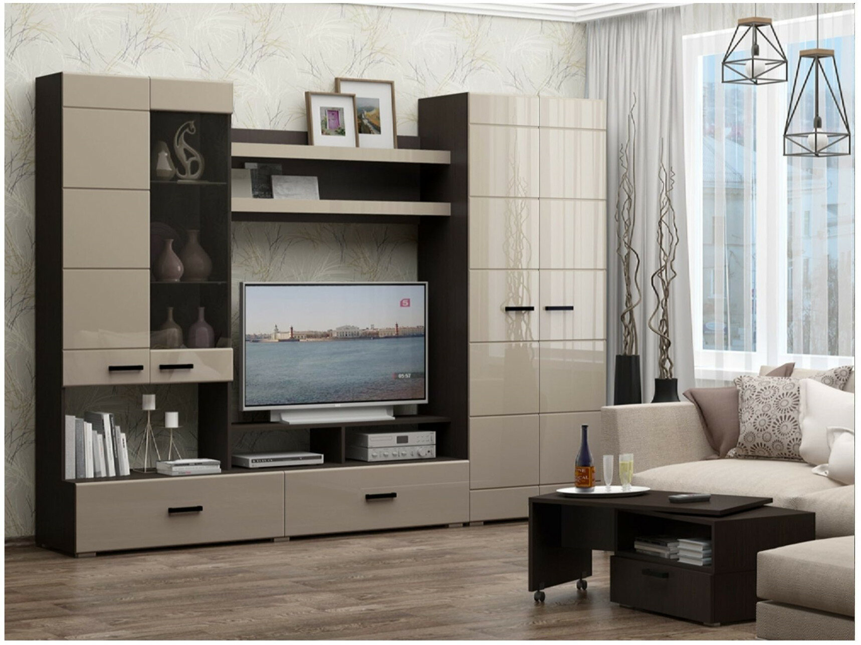 Современная Гостиная, с глянцевыми фасадами МДФ, (Латте глянец, Венге)