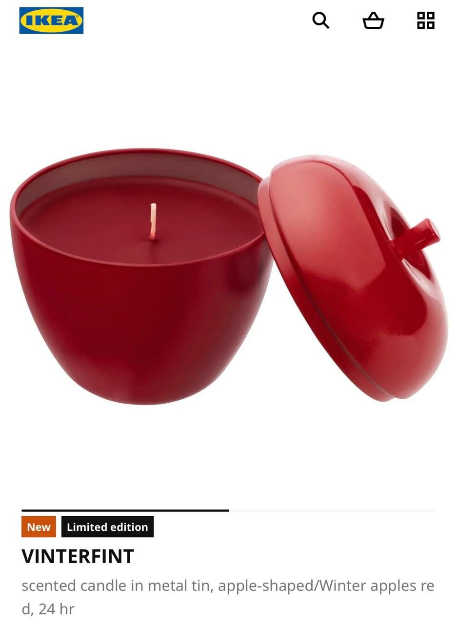 IKEA VINTERFINT Ароматическая свеча в контейнере в форме яблока/зимние красные яблоки, 24 часа