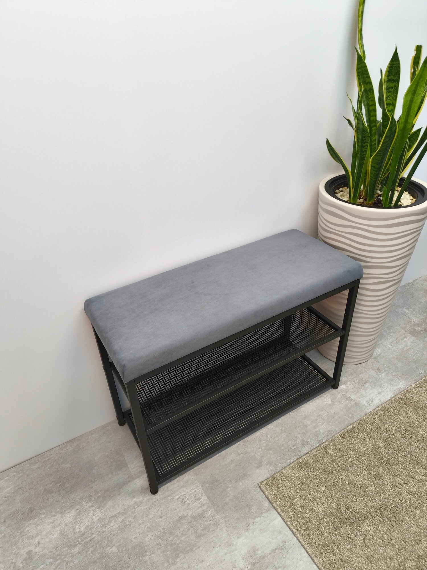 Обувница для прихожей "Дия" 2 полки / 51х31х53см / черный каркас - серо-голубой велюр