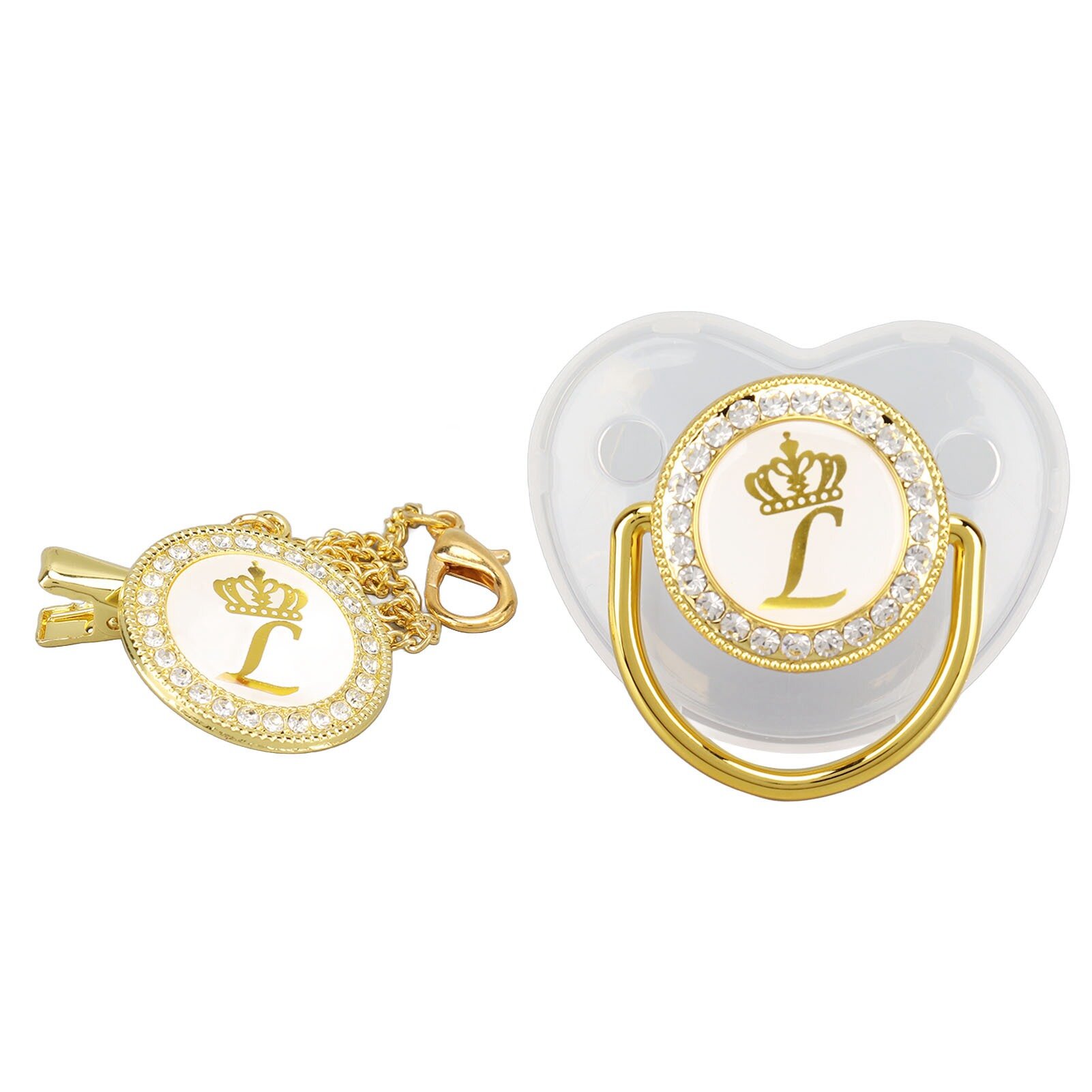 Детская соска-прорезыватель с золотыми стразами в виде букв на соске. Соска для крещения и купания малыша.