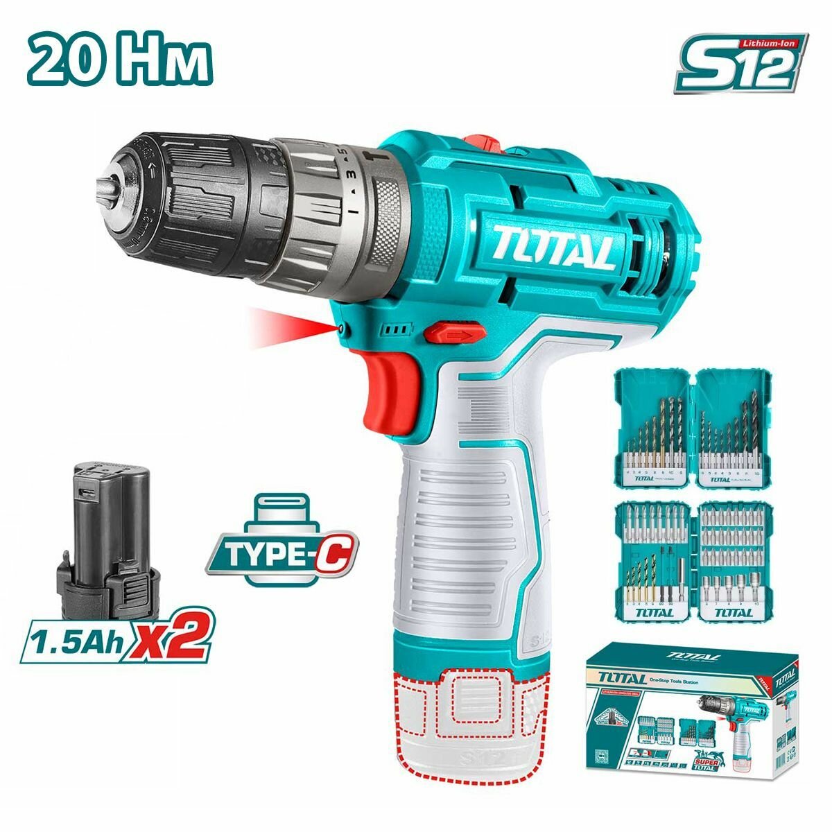 Дрель-шуроповерт TOTAL TOSLI240467, 2 скорости, быстрозажимной патрон, подсветка