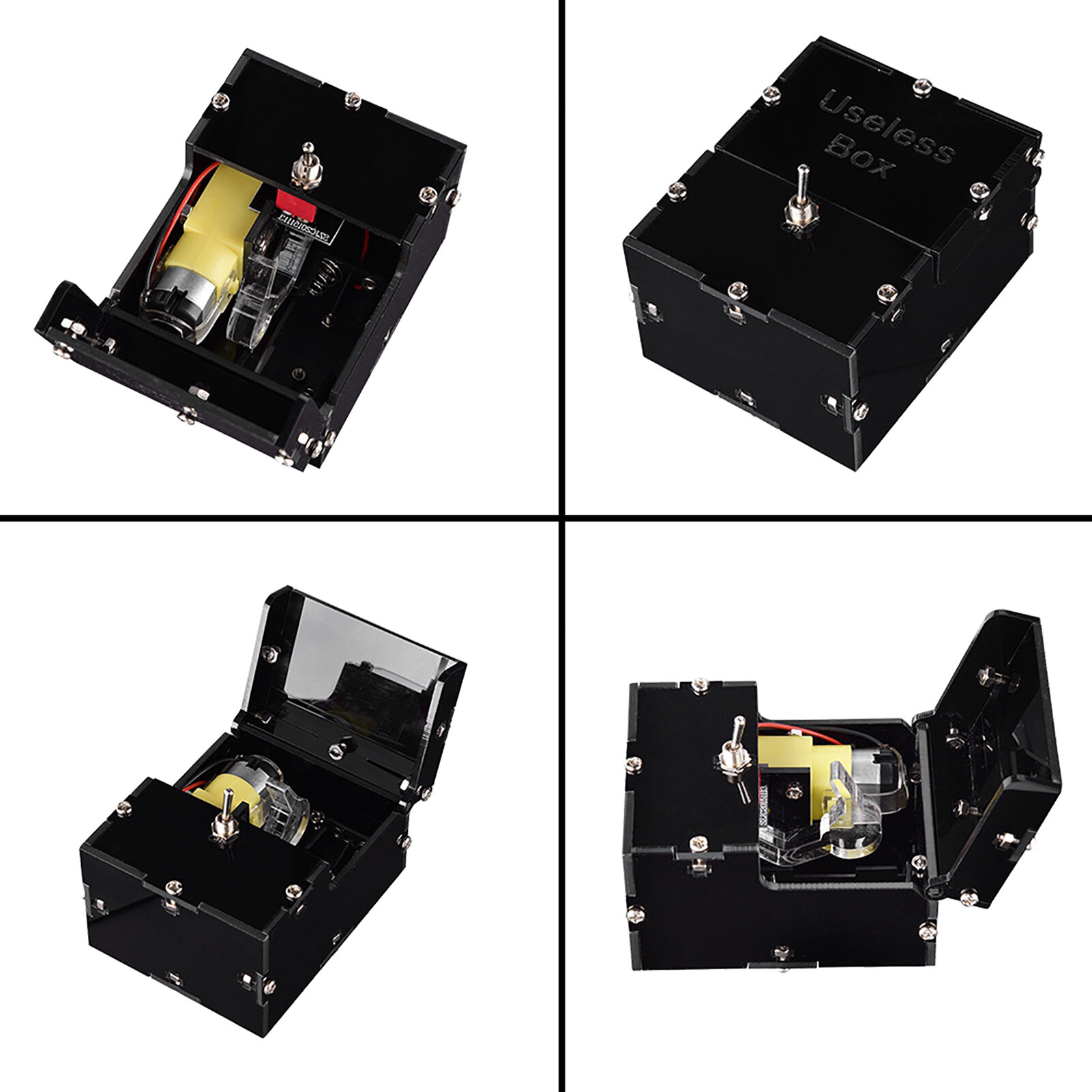Mini Toy DIY Parts Kit Automatic Box Leave Me Alone Black, Type Funny Toy DIY Kit, Power supply 2 * AAA Battery NOT Included, Material ABS + Acrylic, Weight Approx. 200g, Size Approx. 8.5 * 7 * 5cm / 3.3 * 2.8 * 2in