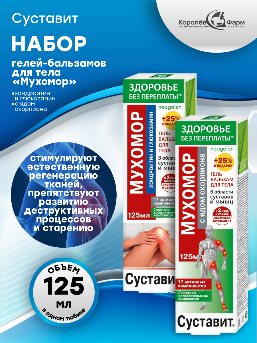 Набор Гель-бальзамов для тела Суставит Мухомор хондроитин и глюкозамин + яд скорпиона по 125 мл.