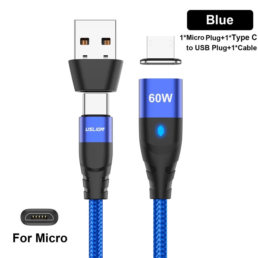 Магнитный кабель USLION 3-в-1: Micro, Type-C, USB, 60W, Blue
