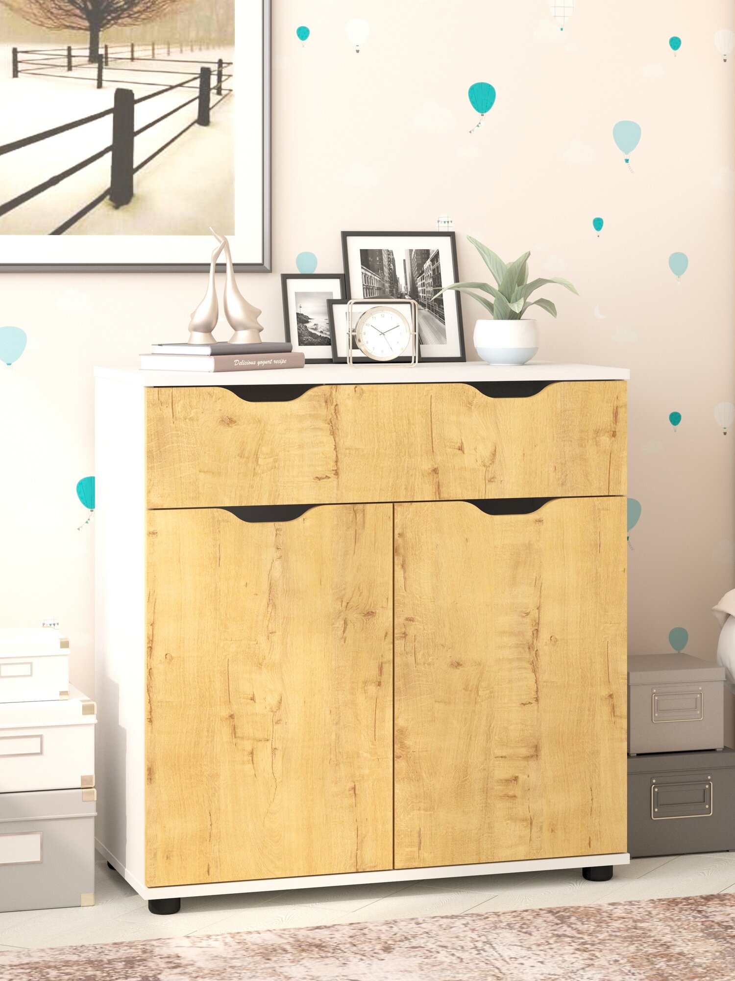 Есэндвич Grand-Лаворо-4 Комод 80х83х40 см с ящиками и дверцами(Белый/Дуб бунратти)