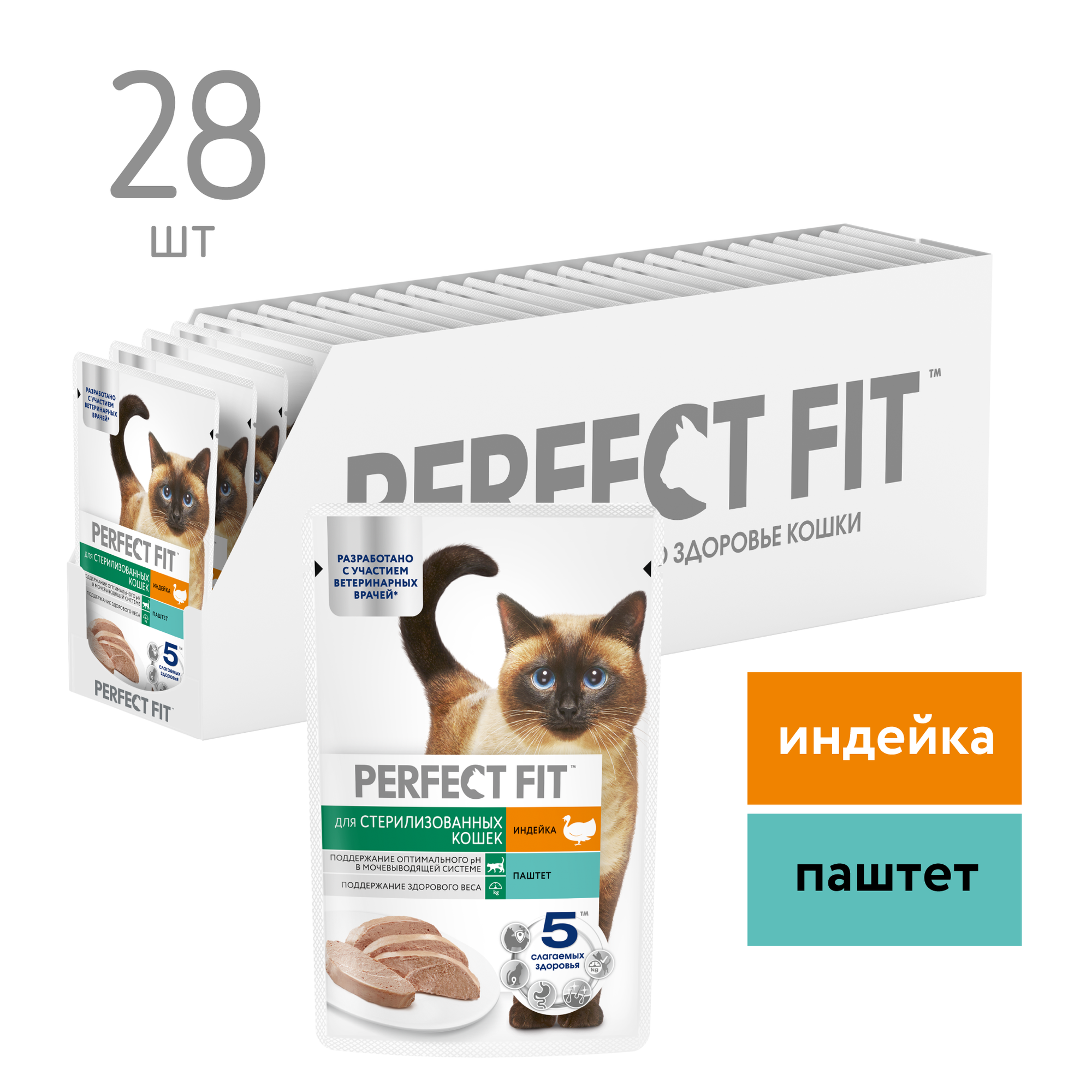 Влажный полнорационный корм PERFECT FIT для стерилизованных кошек, паштет с индейкой, 28 шт по 75 г