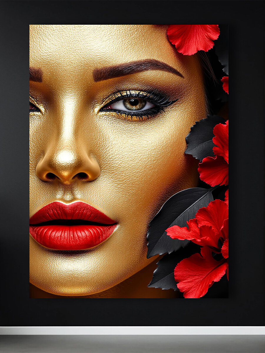 Картина интерьерная на стену - "Девушка в золоте, лицо женщины в салон красоты" , 60х80 см.