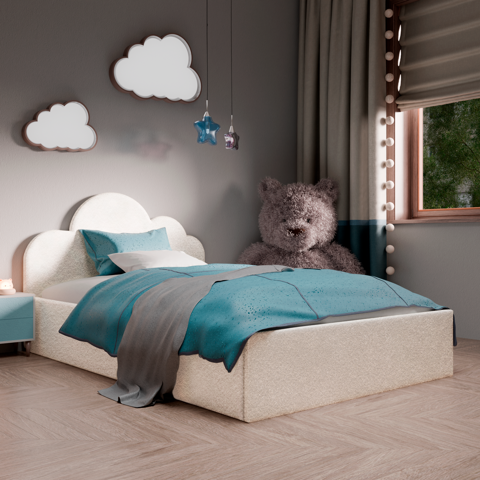 Кровать детская InRoom Sky с подъемным механизмом, 120х200, молочный букле барашек, без ножек