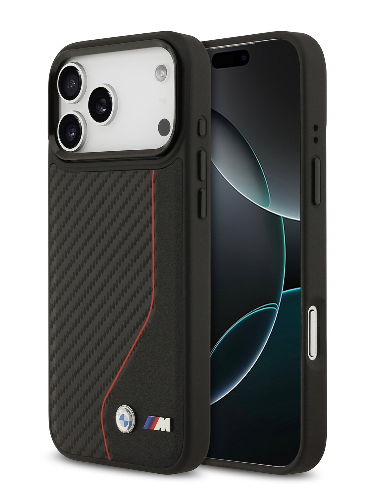 BMW чехол с MagSafe для iPhone 17 Pro, M-series из кожи PU Carbon/Smooth, черный/красный
