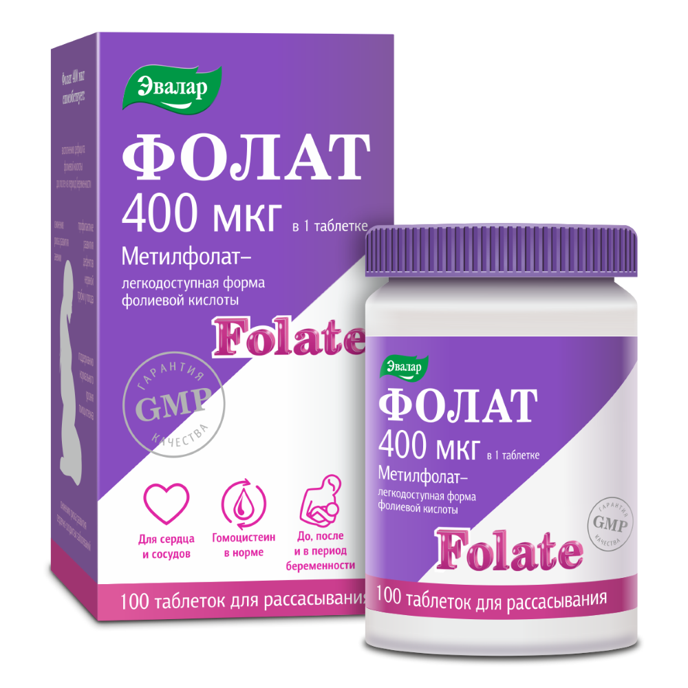 Фолат таб 400мкг №100 Эвалар