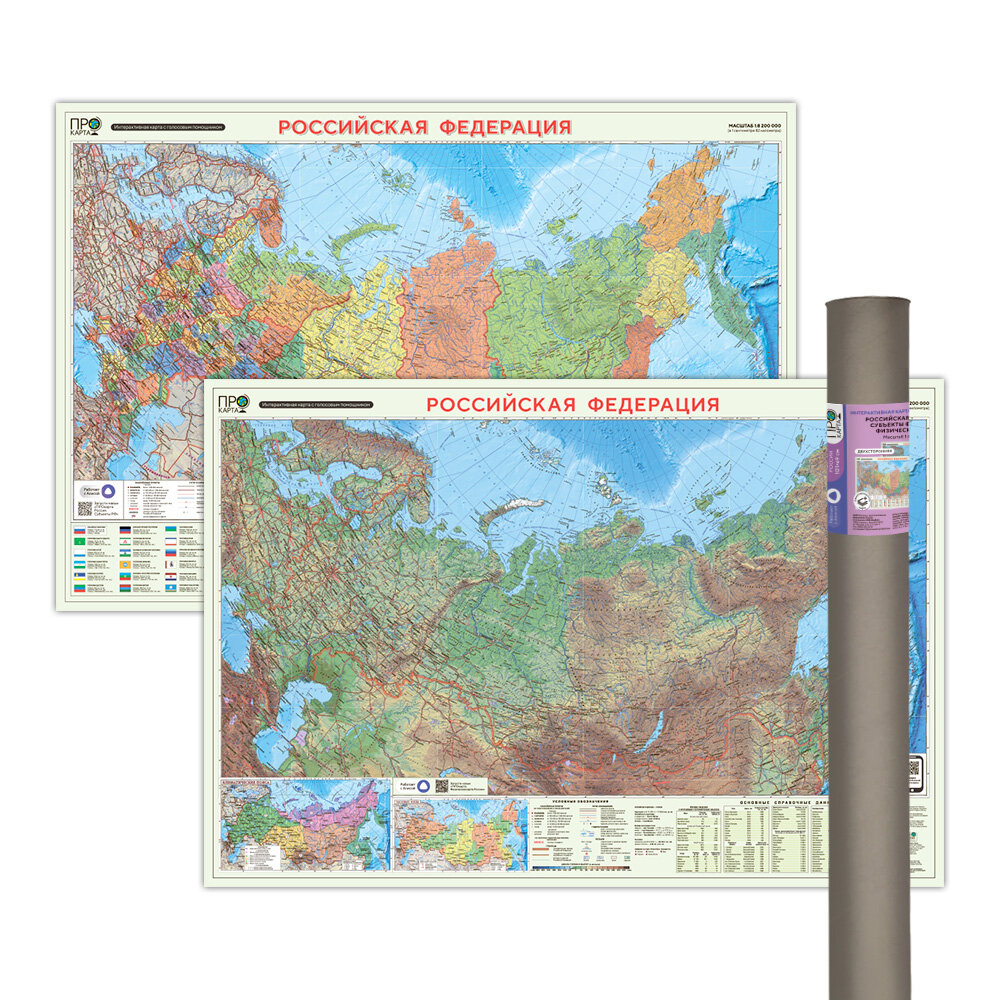 Карта России Политико-администр. + Физическая интер. М1:8,2 69х101см ламинация в тубусе геодом ЦБ713