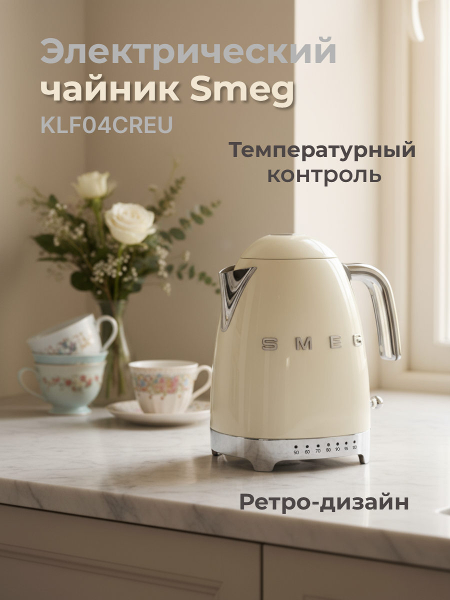 Чайник электрический Smeg KLF04CREU настойка температуры и поддержание тепла, 1.7 л, кремовый