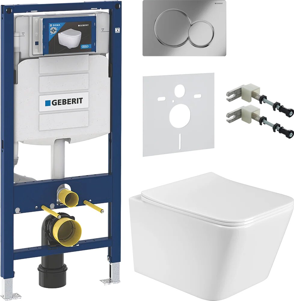 Комплект Унитаз подвесной BOND Cube F04-10 безободковый, с микролифтом, белый / Инсталляция Geberit Duofix UP 320 111.300.00.5 / Кнопка Sigma хром, Шумоизоляция, Крепления к стене