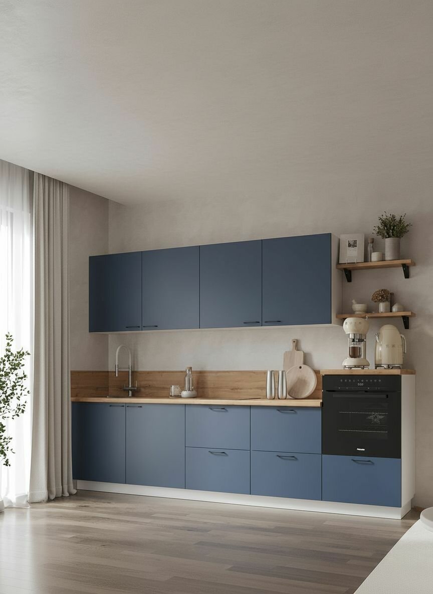 ARNIKA Кухонный гарнитур со столешницей "Дакия" 3м х 2,4м, цвет ежевика (синий), фасад пленка ПВХ