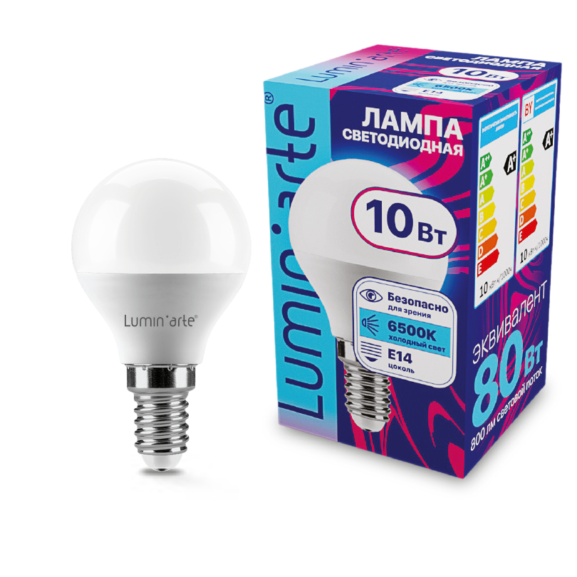Лампа светодиодная 10W LSTD-G45-10W6KE14 Е14 ШАР 6500К холод БЕЛ 800ЛМ поликарб LUMIN'ARTE