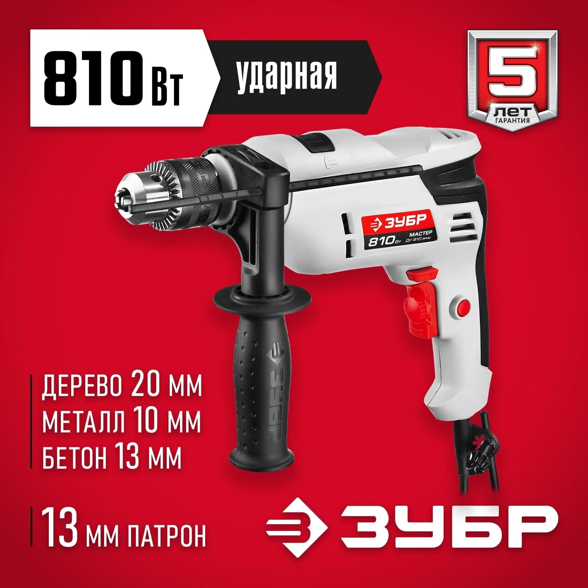 Дрель ударная ЗУБР ДУ-810 ЭРМ2, с реверсом, электронная регулировка, серый