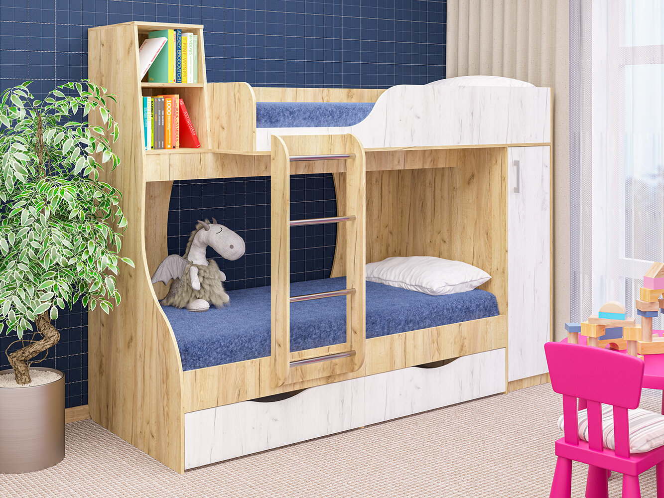 Кровать МК"Пирамида" Башмачок, 2-х местная с лестницей и 2 ящика, цвет крафт золотой/крафт светлый , 189х228х108 см