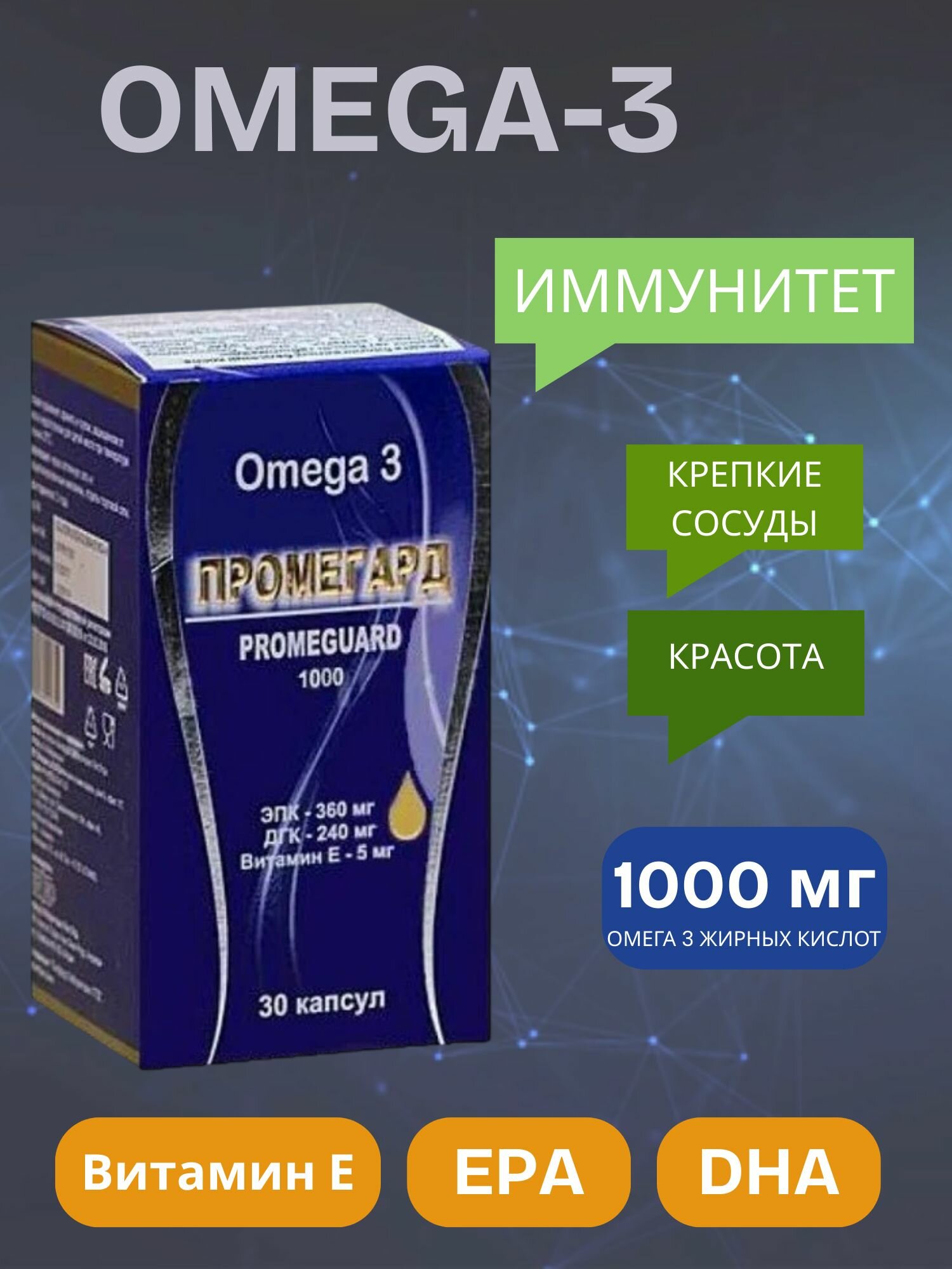 Омега-3 в капсулах 1450 мг витамины Промегард 30 шт.