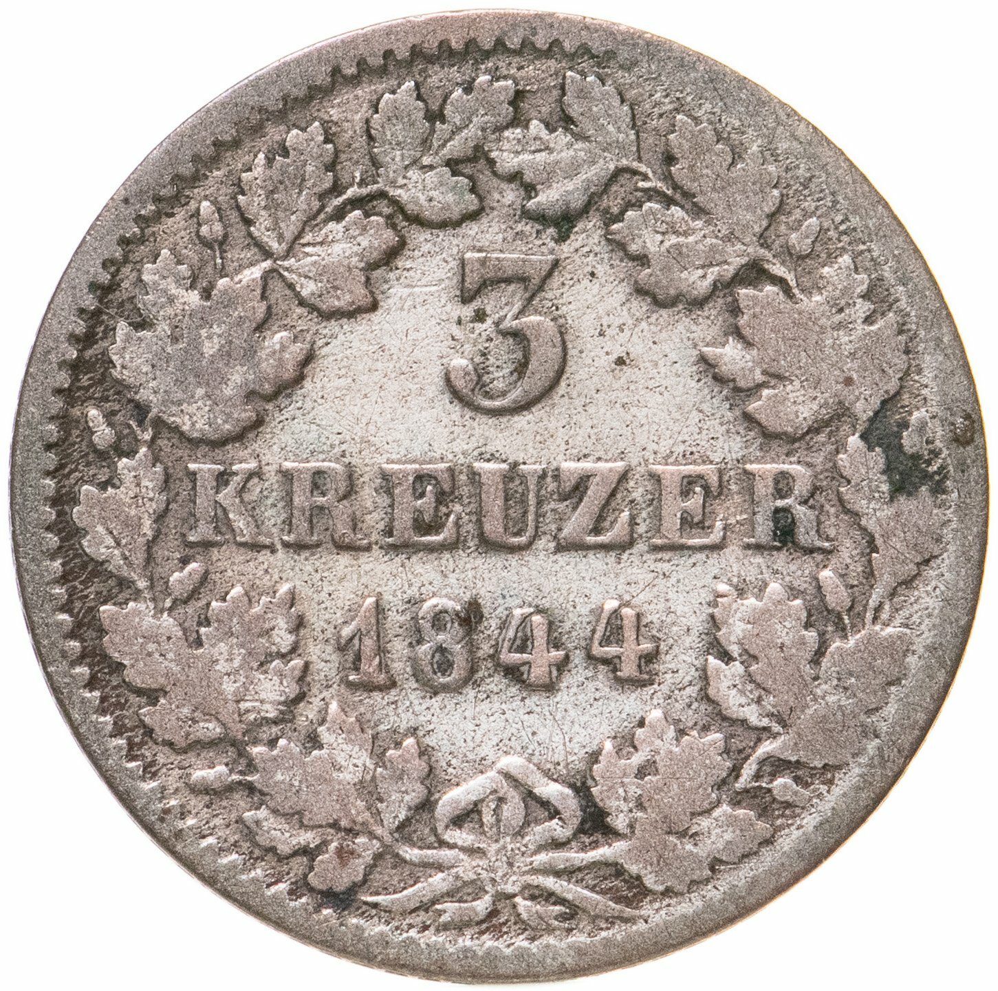 Германия, Баден 3 крейцера 1844, Серебро 312, в сохранности VG-F