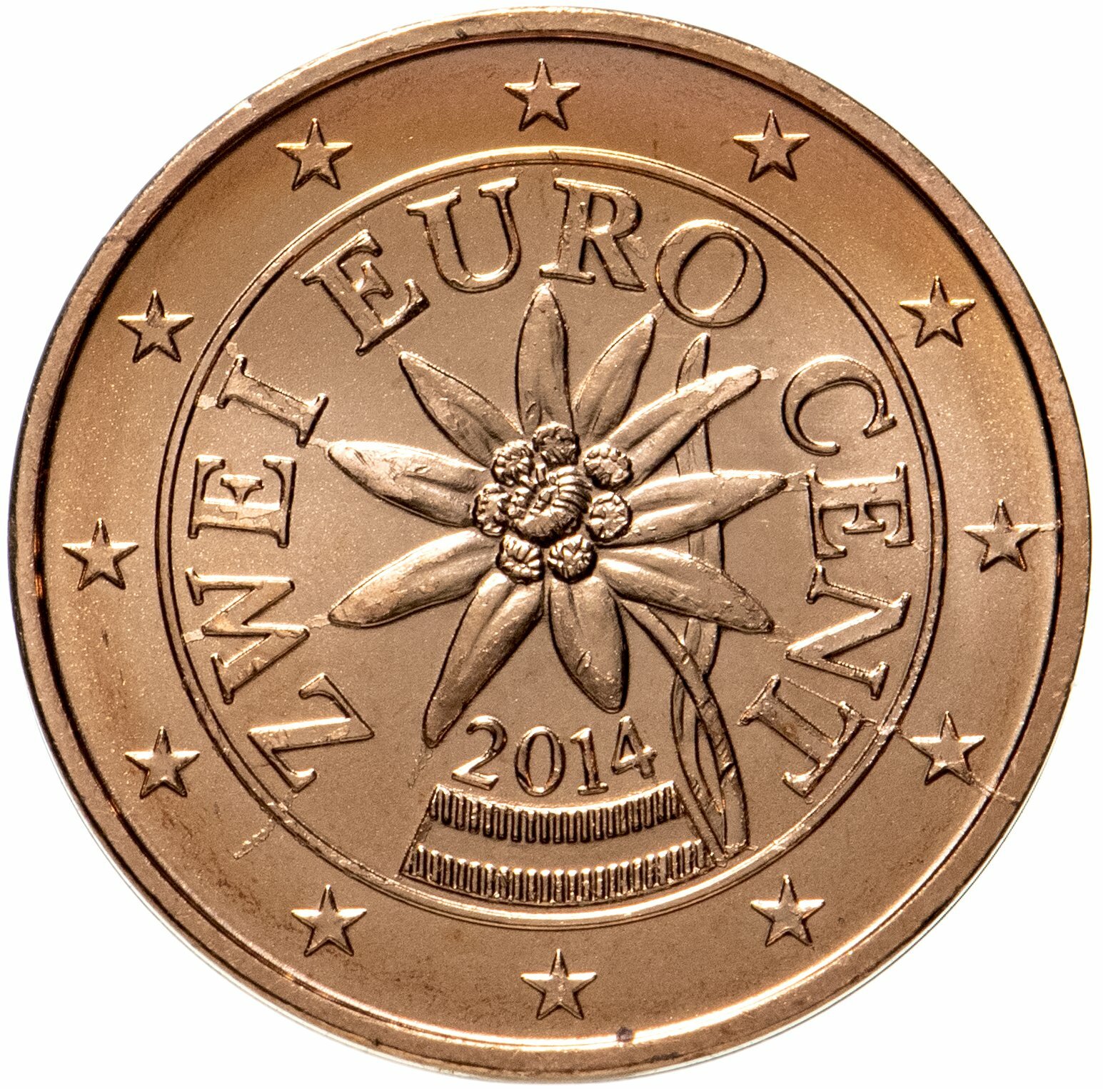 Австрия 2 евроцента cents 2014, Сталь, в сохранности UNC