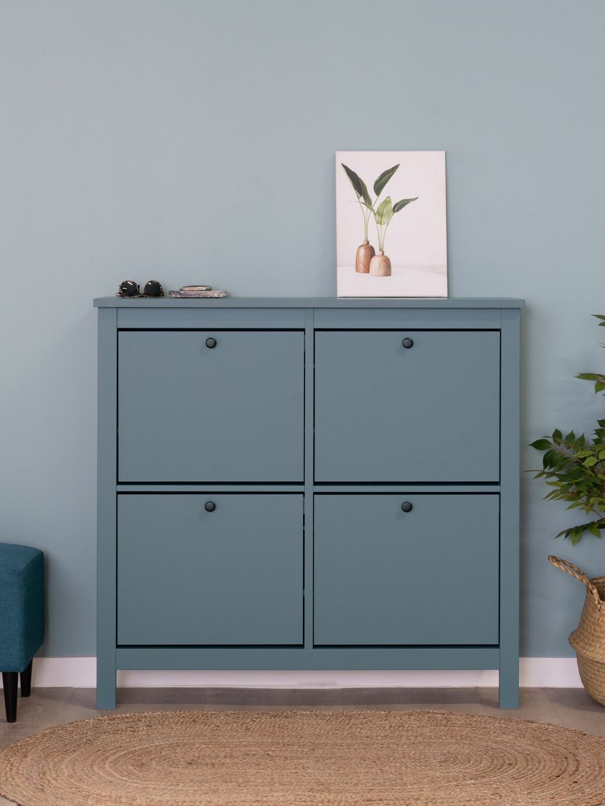 Обувница Сага с 4 откидными ящиками 113х108 темно-бирюзовая, ГУД лакк